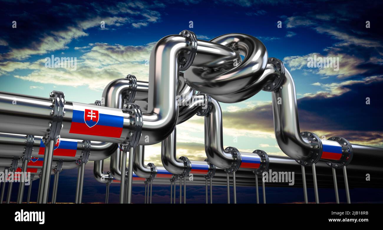 Oil or gas pipeline, flags of Slovakia and Russia - 3D illustration ...