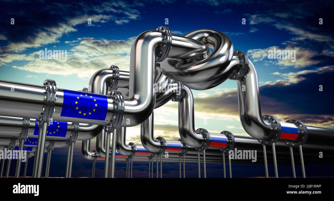 Oil or gas pipeline, flags of European Union and Russia - 3D ...