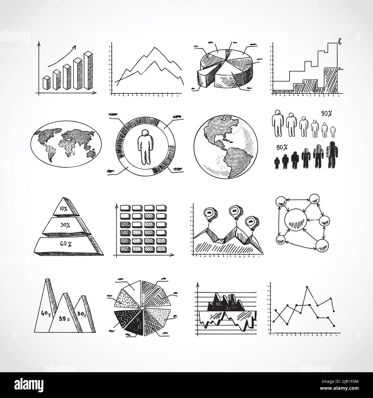 Sketch business diagrams charts dot bar pie graphs icons set isolated ...