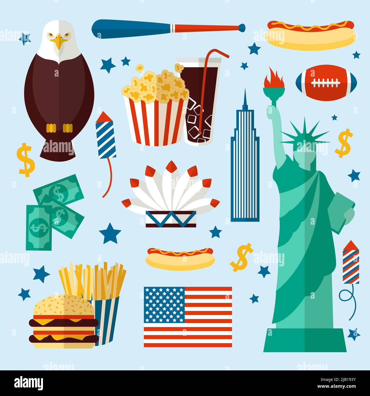 New York USA set of liberty statue skyscraper fast food isolated vector ...