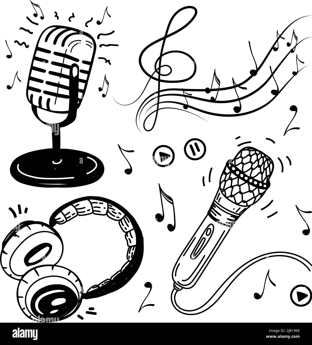 A set of musical elements, hand-drawn doodles in sketch style ...