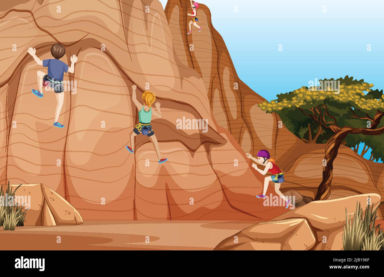 Outdoor scene with rock climber on cliff illustration Stock Vector ...