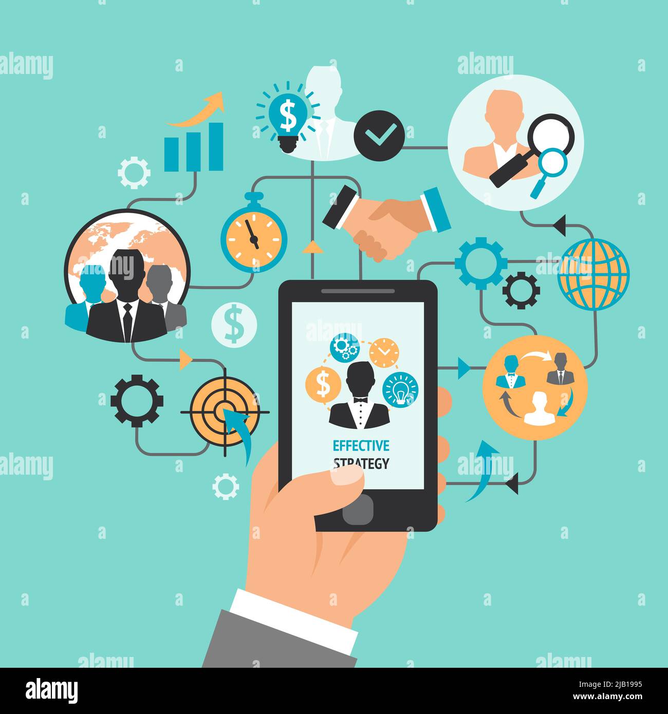 Hand holding smartphone and business and management icons effective ...