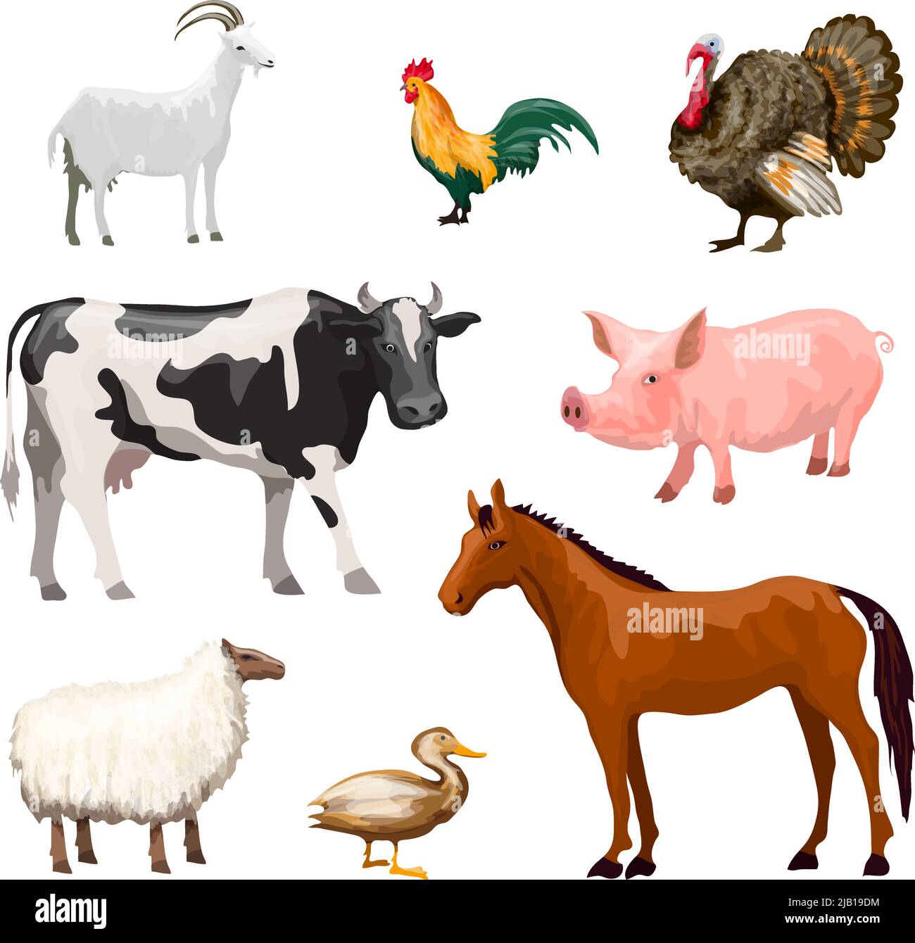 Farm animals decorative icons set with cow goose pig horse isolated ...