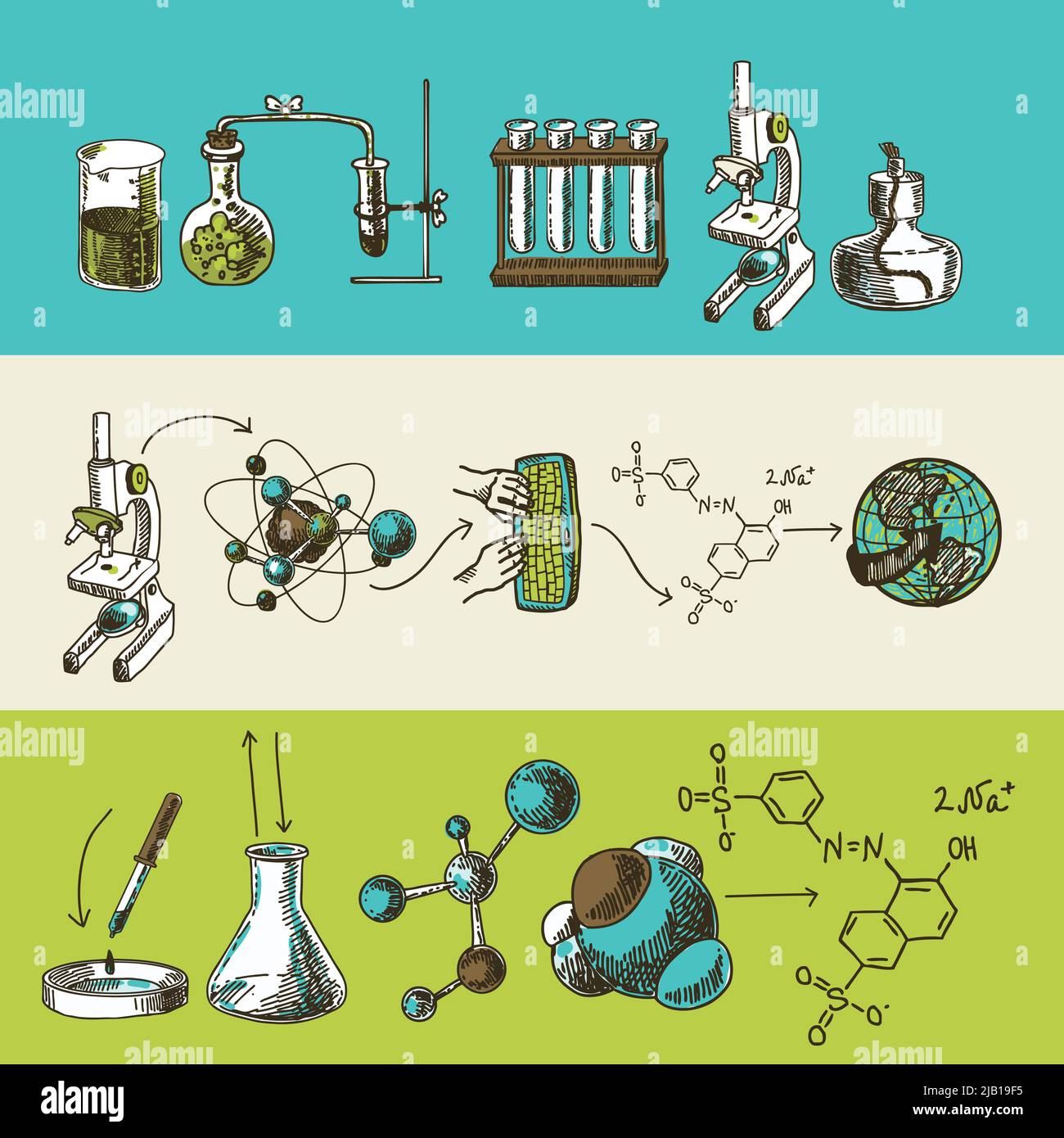Decorative scientific global chemistry research equipment symbols and ...