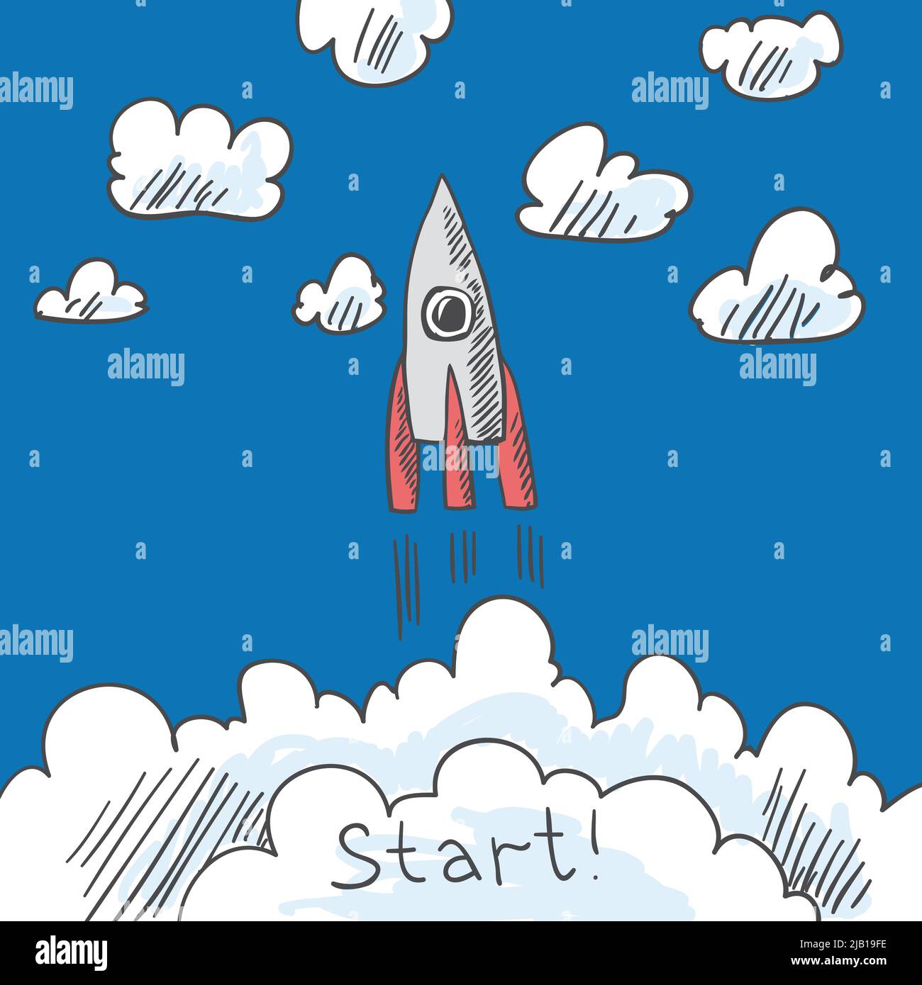 Sketch space rocket flying in space with clouds on background print ...
