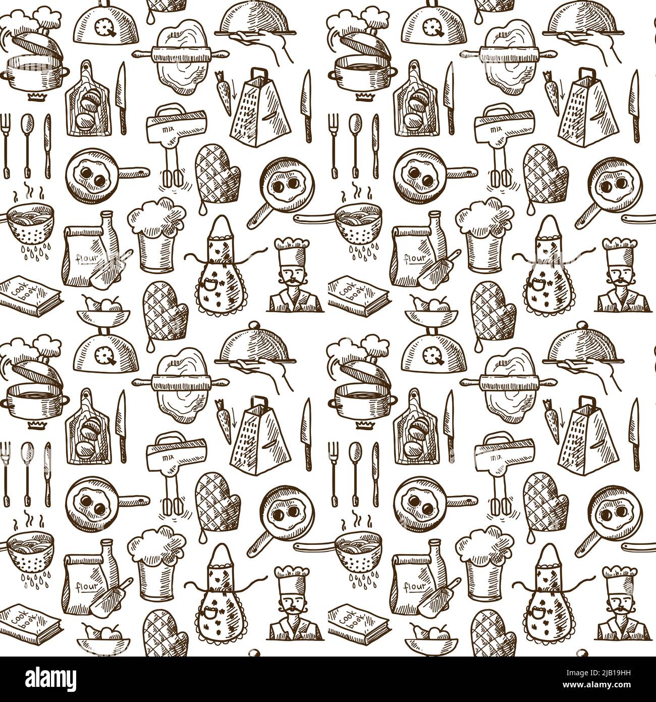 Cooking process delicious food sketch icons seamless pattern vector ...