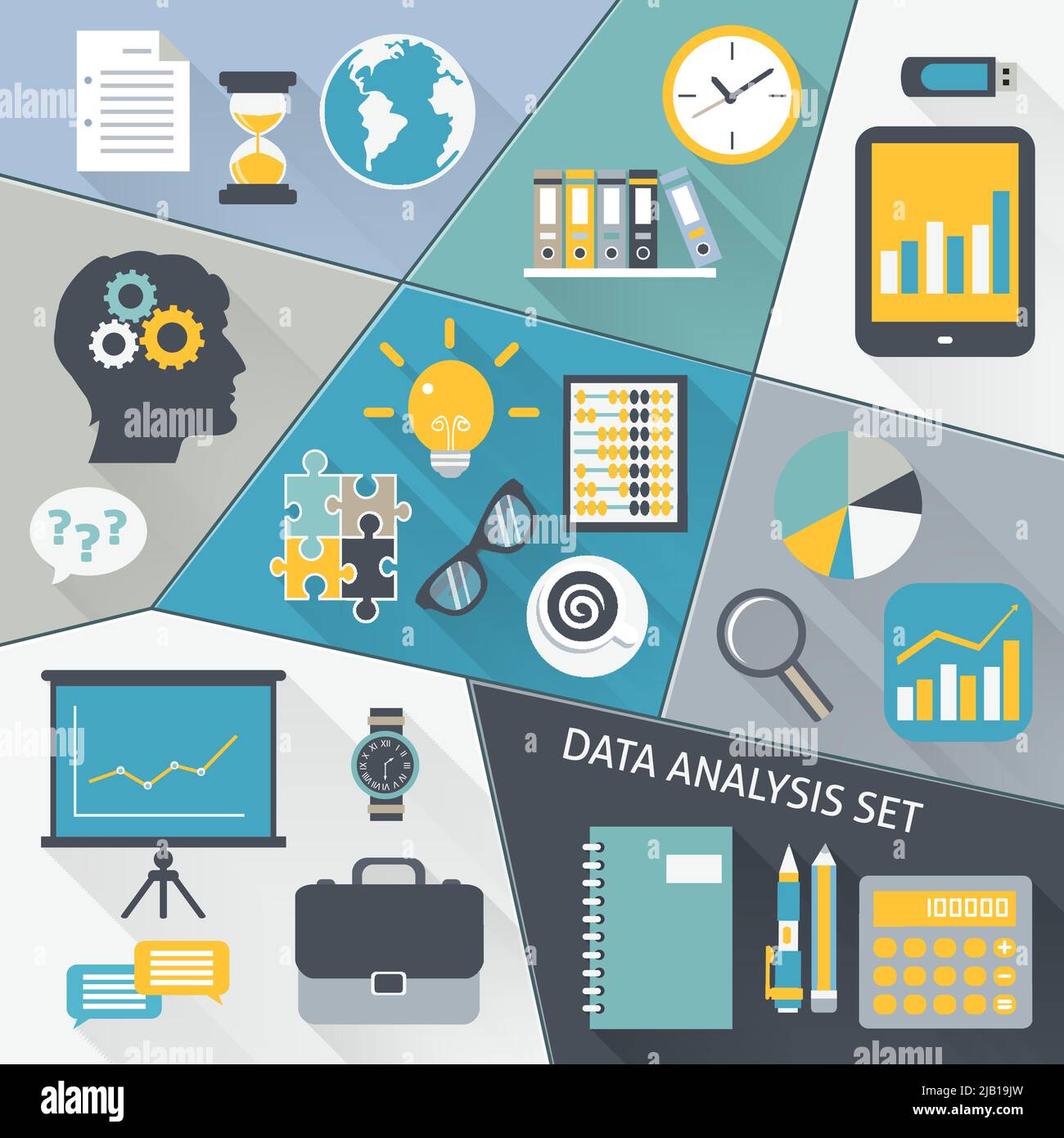 Data analysis business flat icons set with symbols and gadgets isolated ...