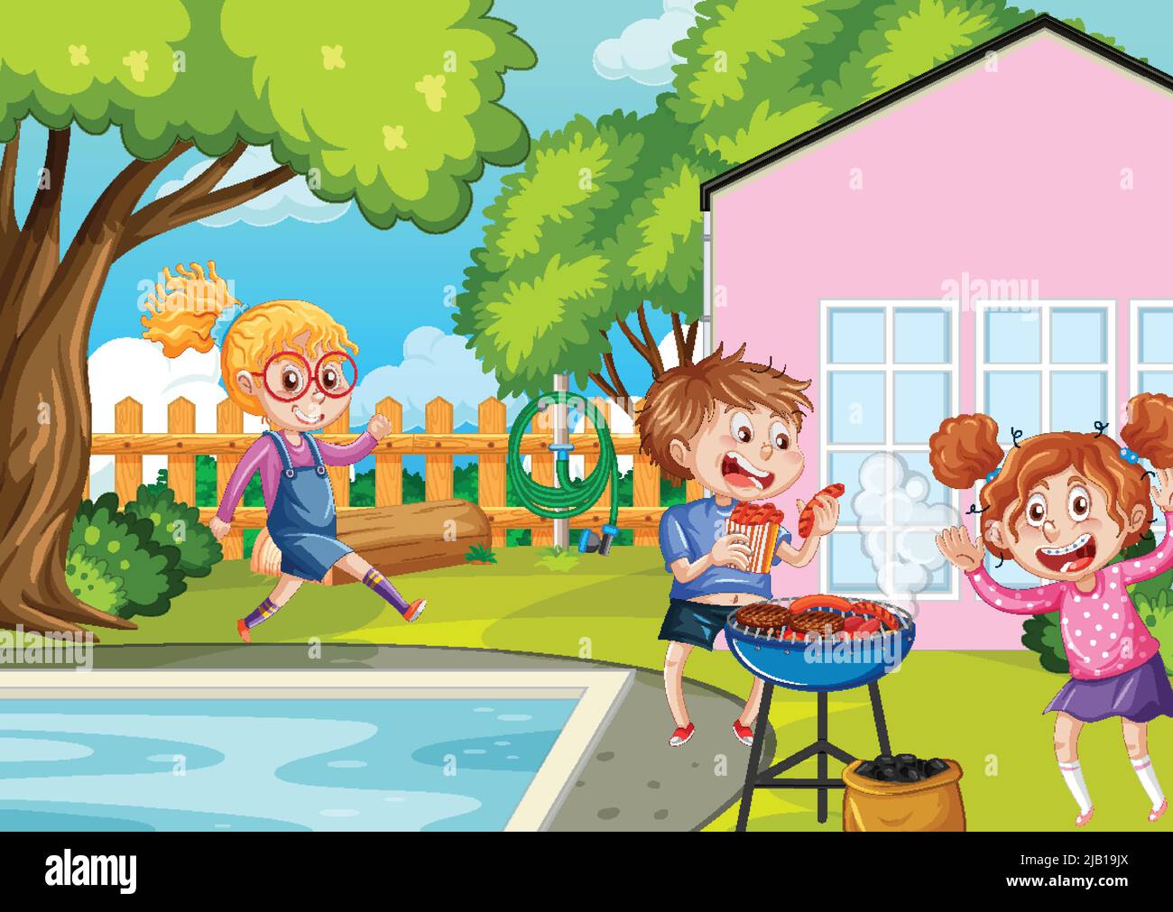 Backyard background with cartoon kids illustration Stock Vector Image ...