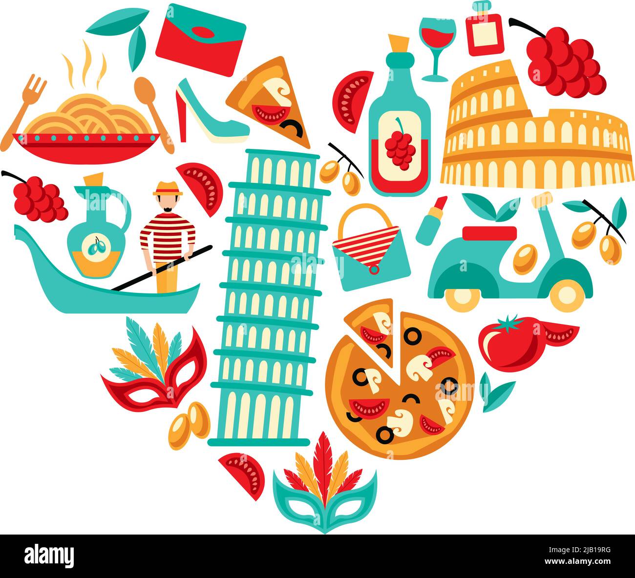 Italy decorative elements icons set in heart shape vector illustration ...