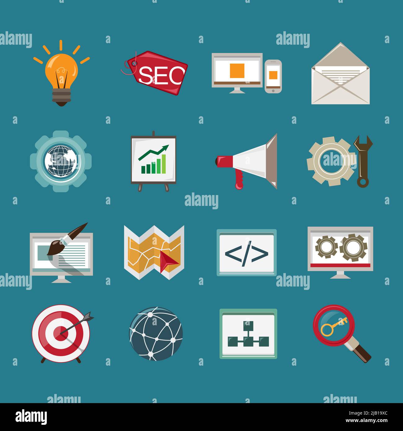 SEO mobile computer website optimization analysis icons set isolated ...