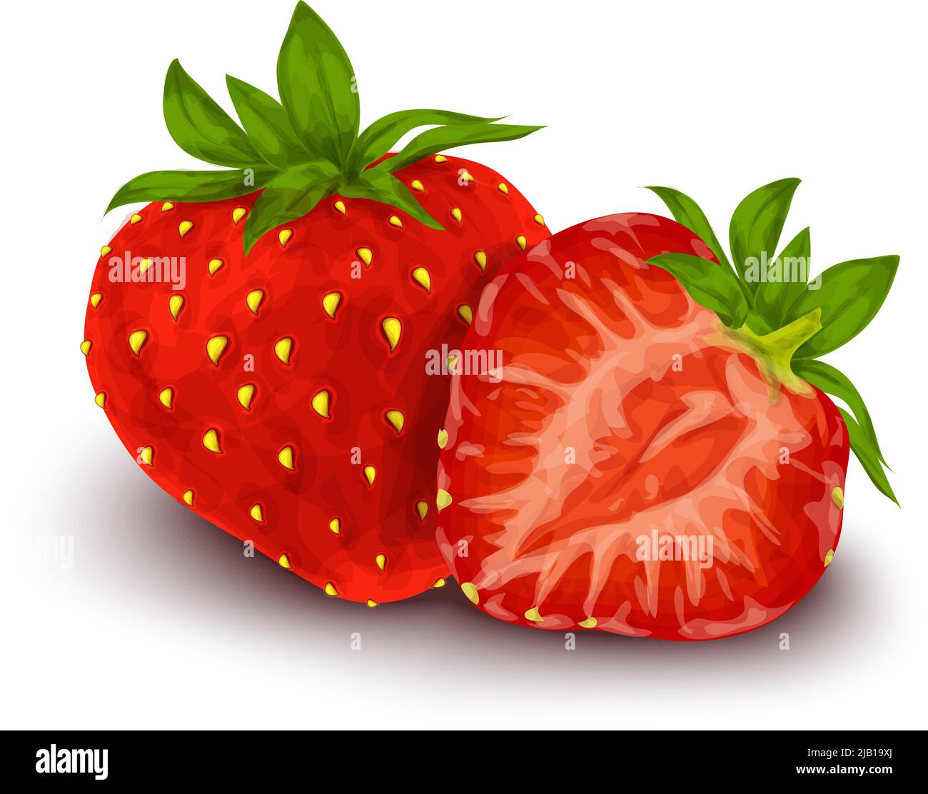 Natural organic sweet strawberry with leaf and seeds isolated on white ...