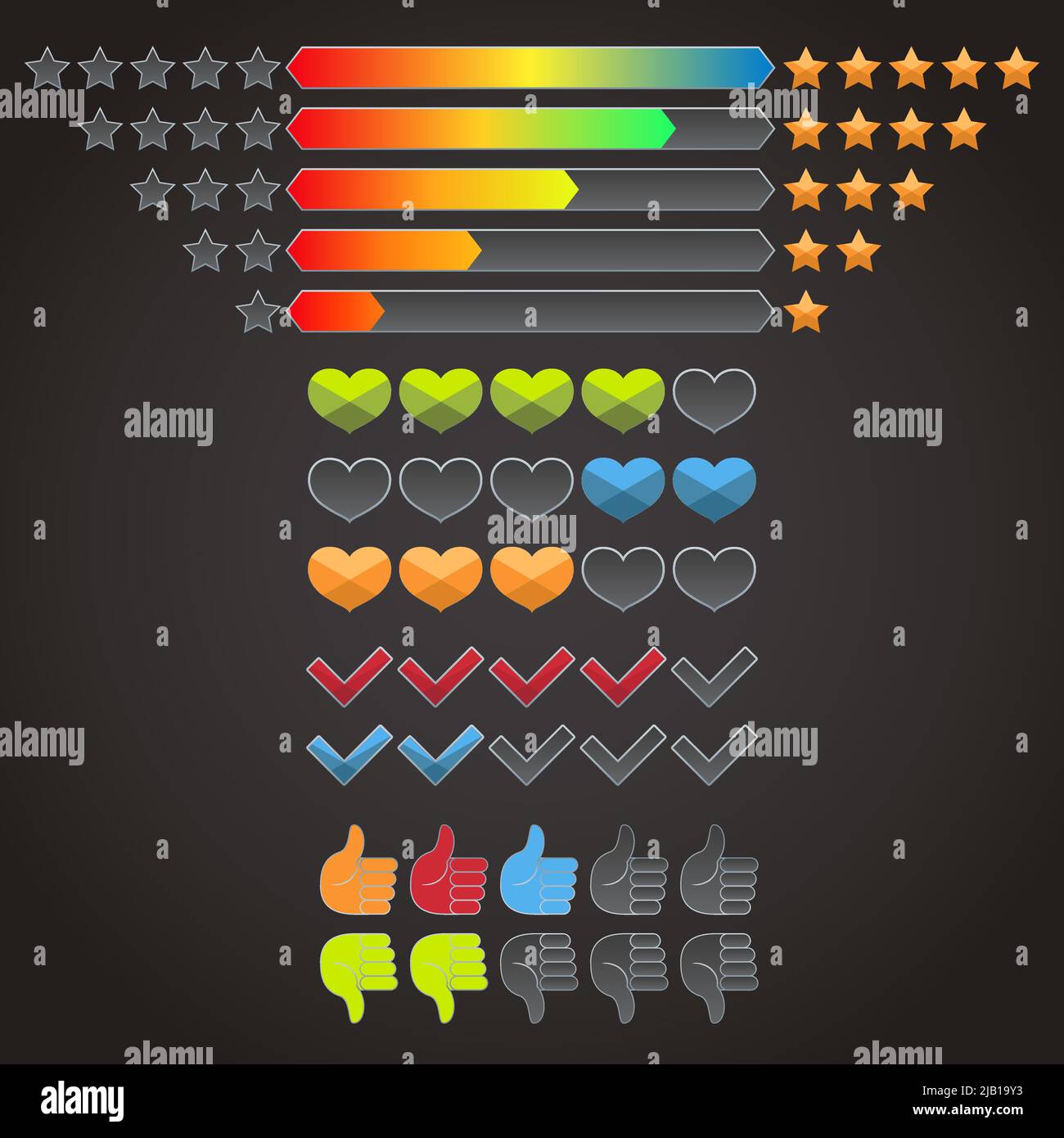Colorful rating evaluation icons set of stars check marks hearts ...
