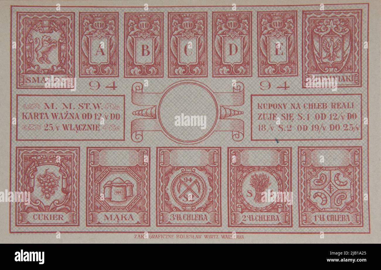 Gray food card with rust prints, lard, potatoes, sugar, flour, bread ...