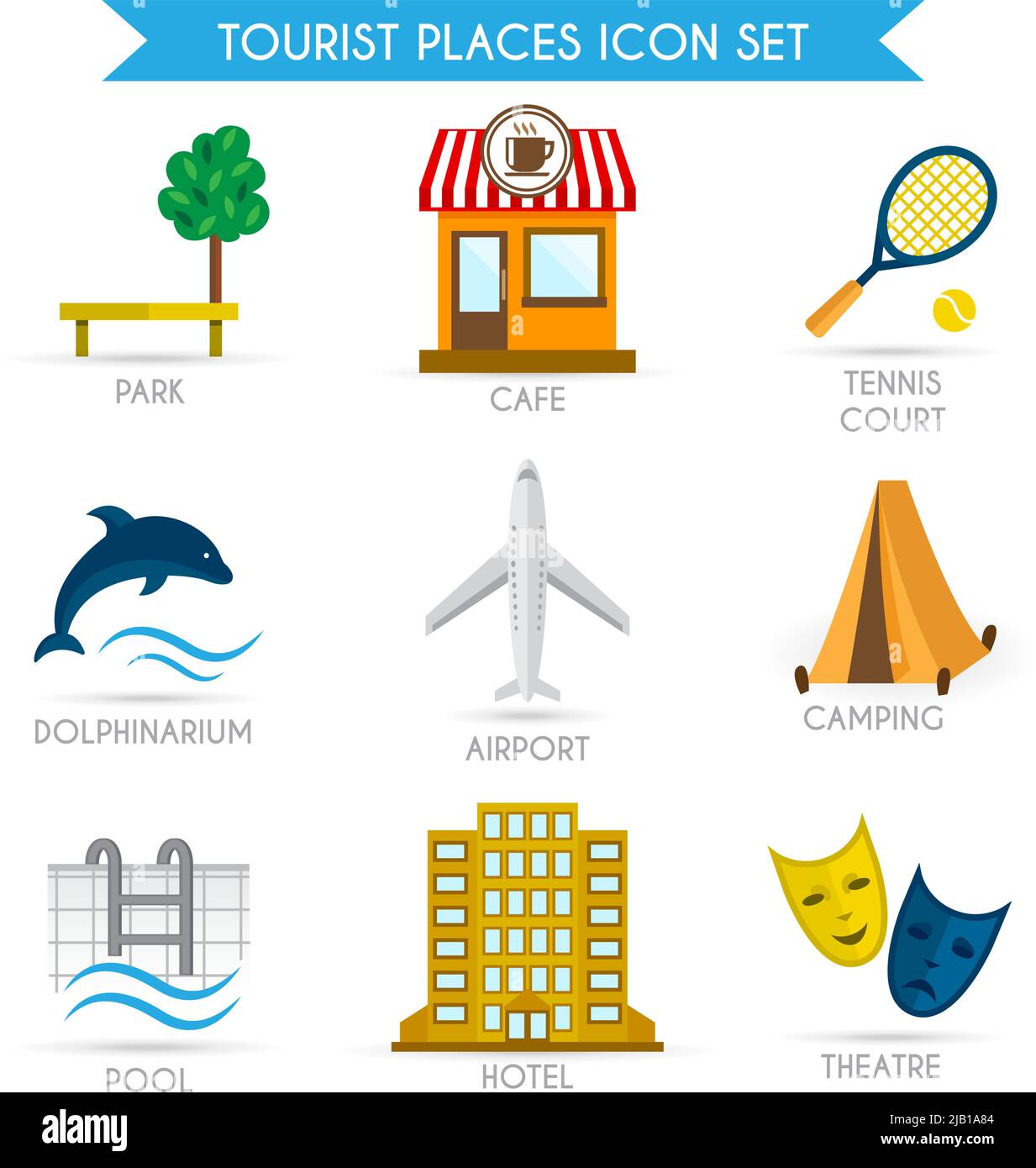 Tourist places decorative icons set of park cafe tennis court isolated ...