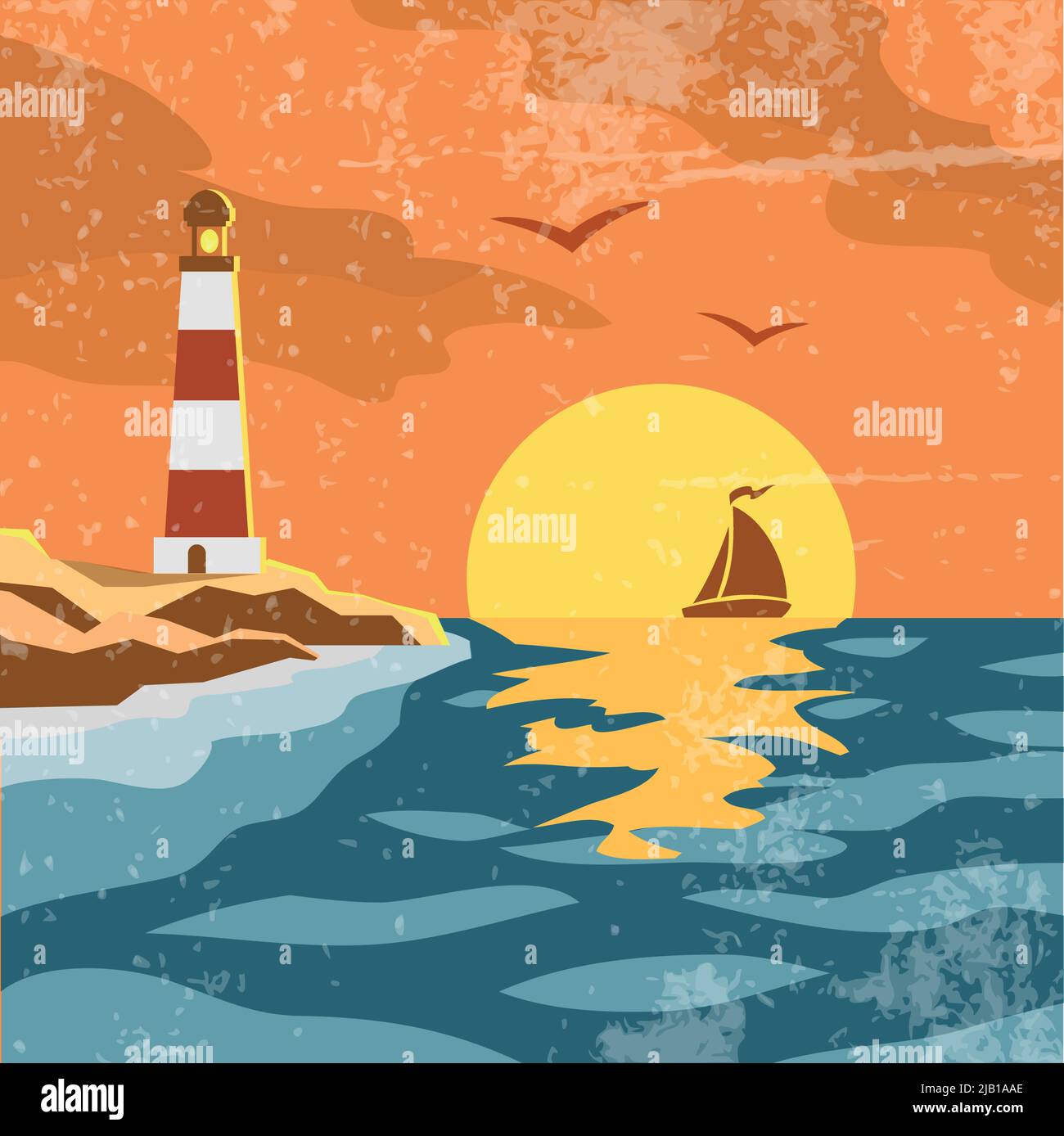Sea retro poster with sailing ship rising sun and lighthouse vector ...