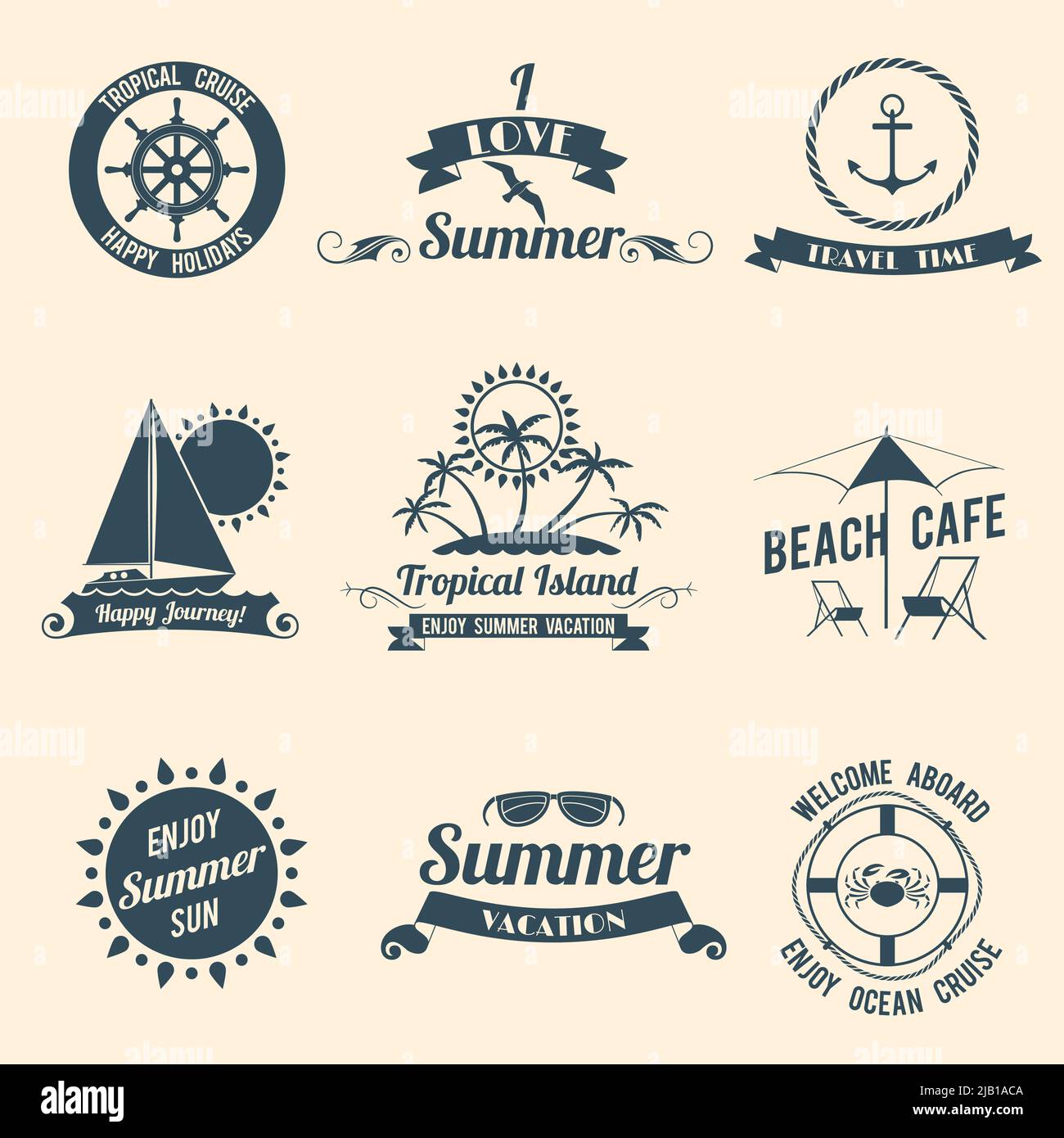 Summer sea retro vacation tropical cruise happy holidays black emblems ...