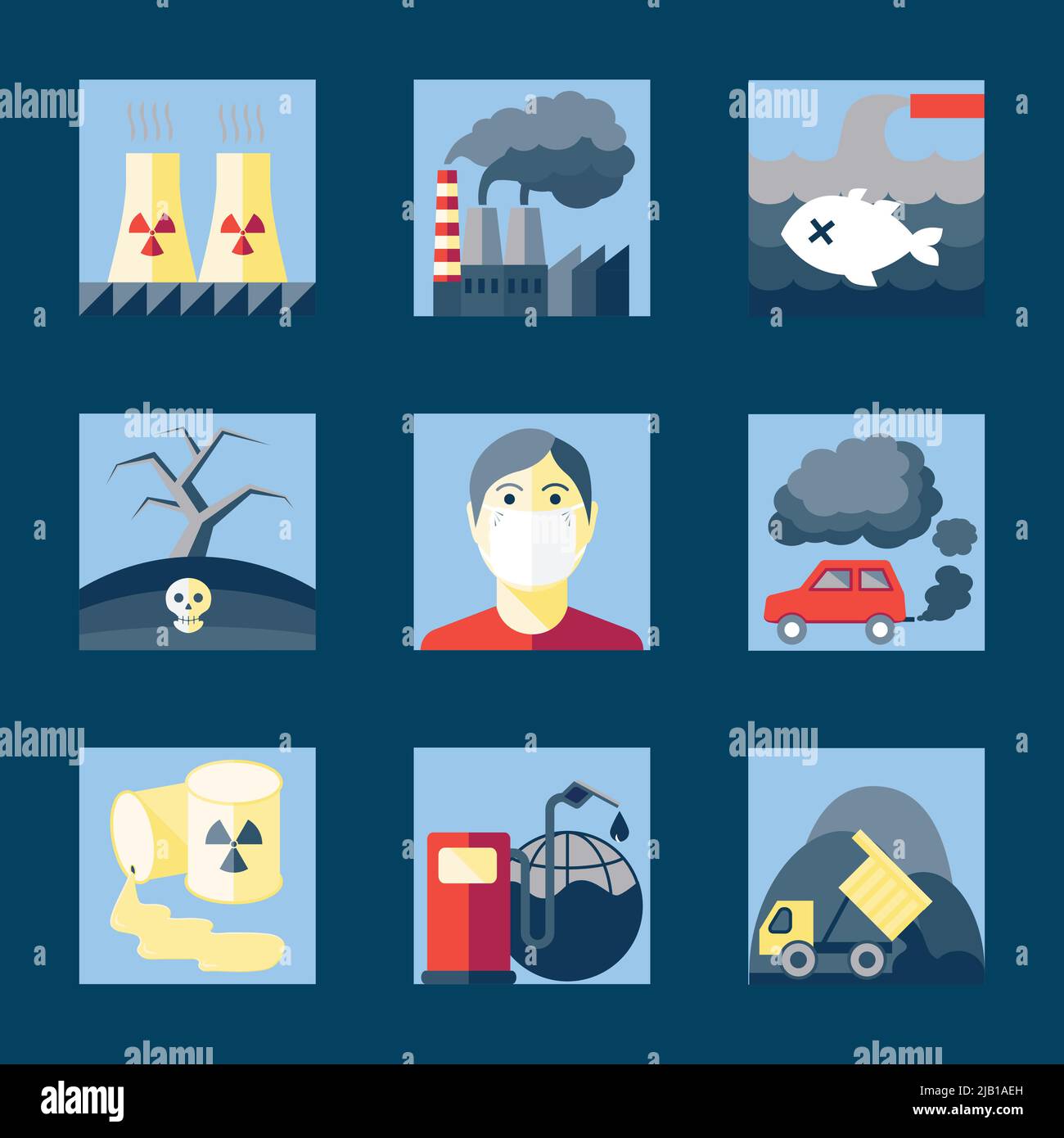 Set of pollution damage environment radioactive icons in flat style on ...