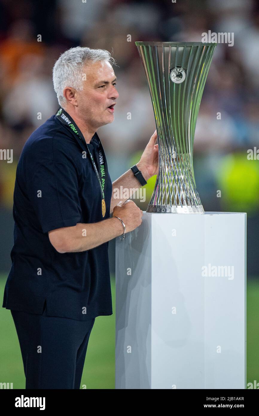 TIRANA, ALBANIA - MAY 25: manager Jose Mourinho of AS Roma celebrates ...