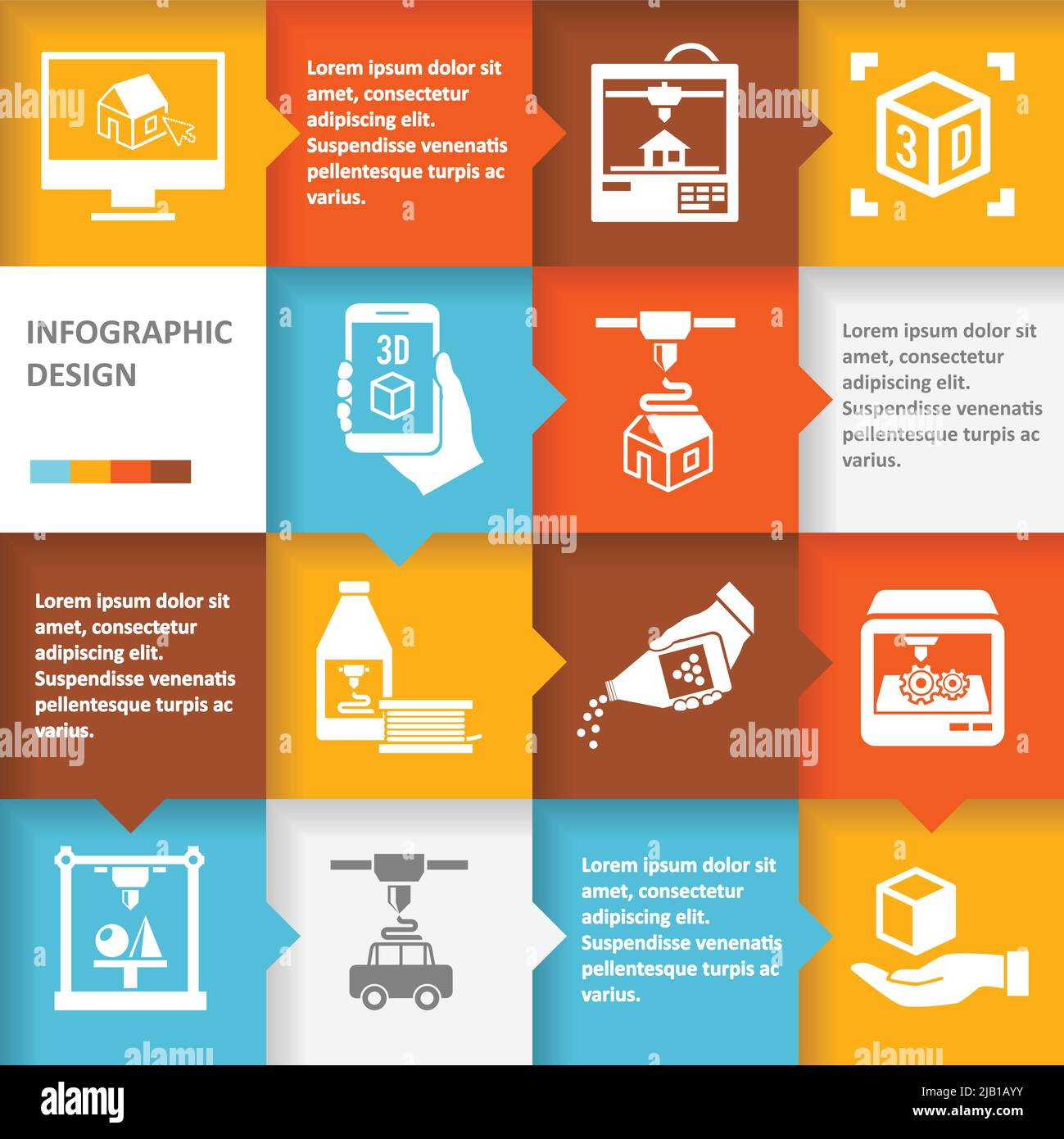 Printer 3d infographic set with architecture futuristic building process icons vector ...