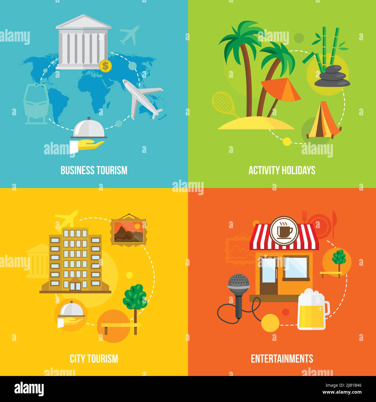 Building tourism icons flat set of business activity holidays city ...