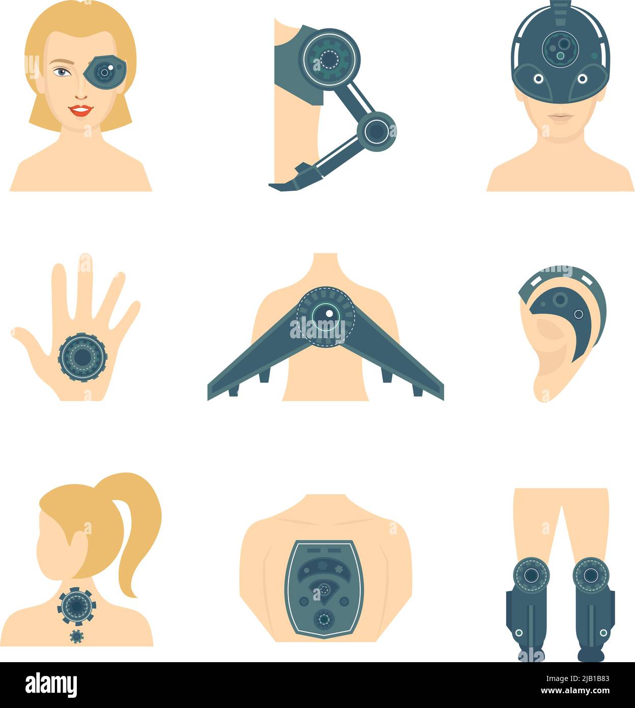 Human robot futuristic digital body parts flat icons set isolated vector illustration Stock ...