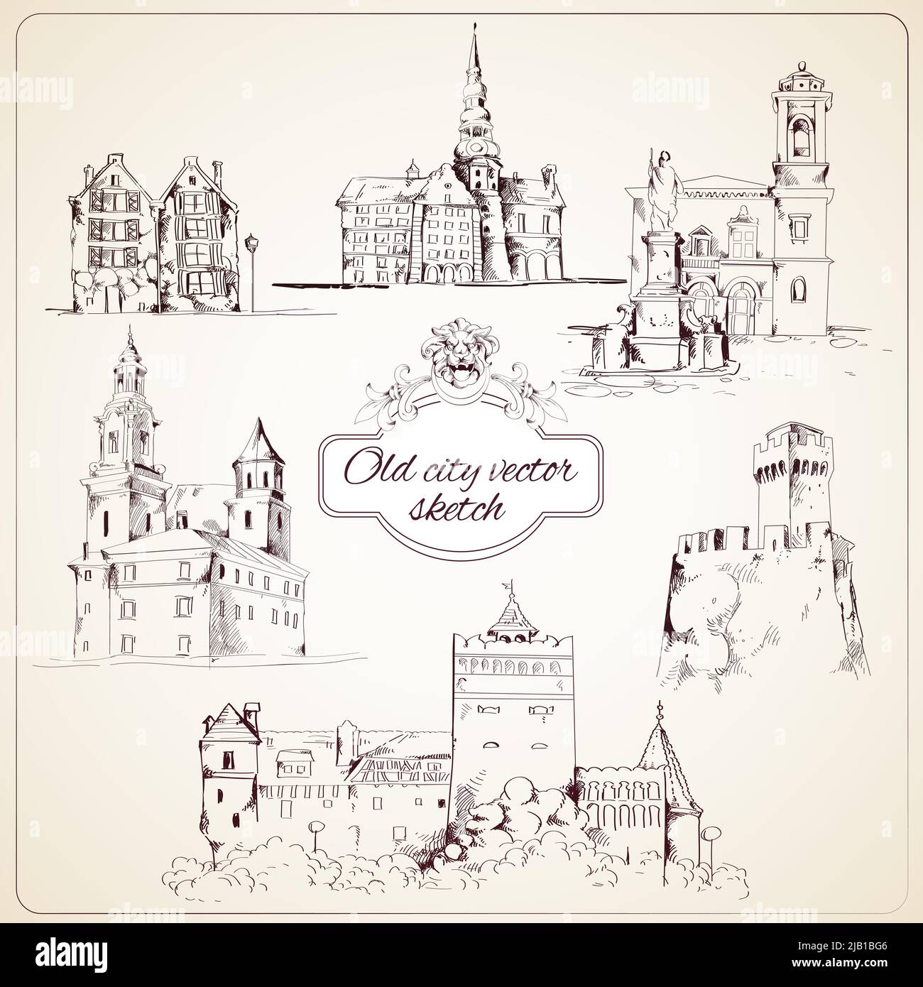 Old city buildings hand drawn decorative elements set isolated vector ...