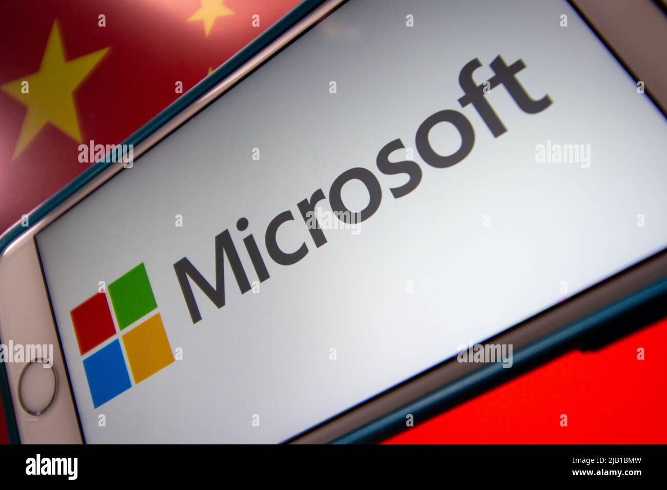 Kumamoto, JAPAN - Mar 10 2021 : Microsoft logo on iPhone with Chinese ...