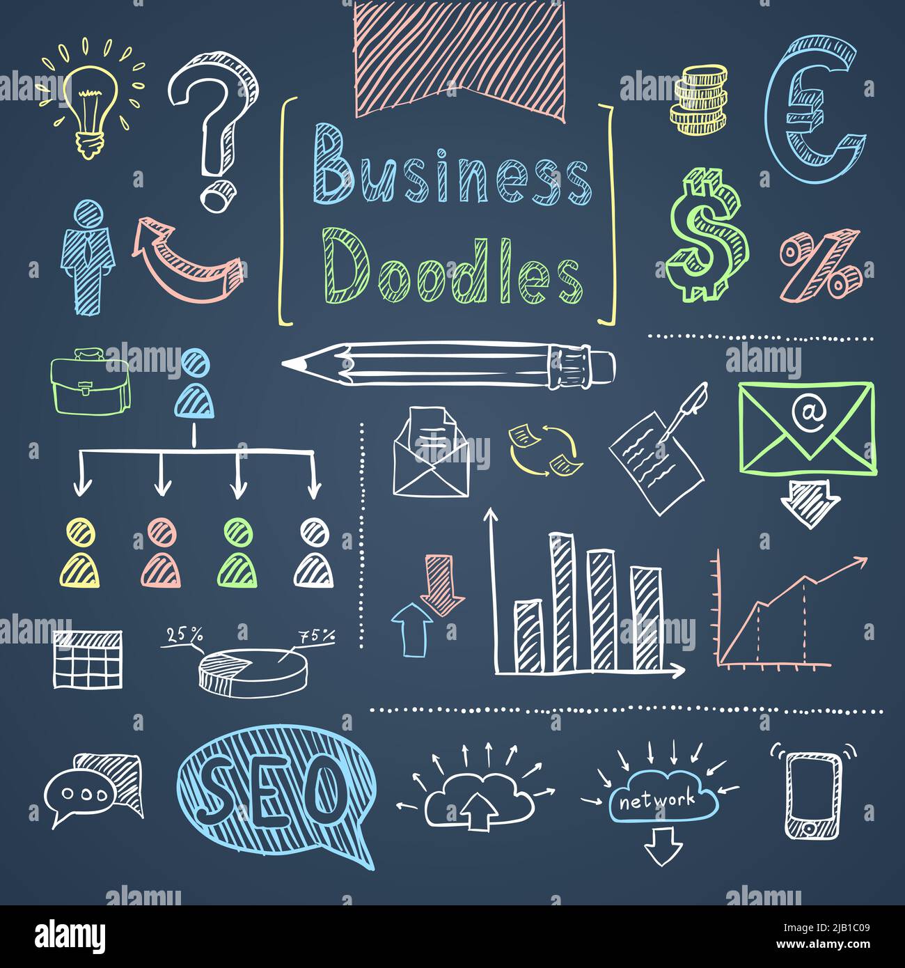 Doodle business set of finance symbols chart and diagrams isolated ...