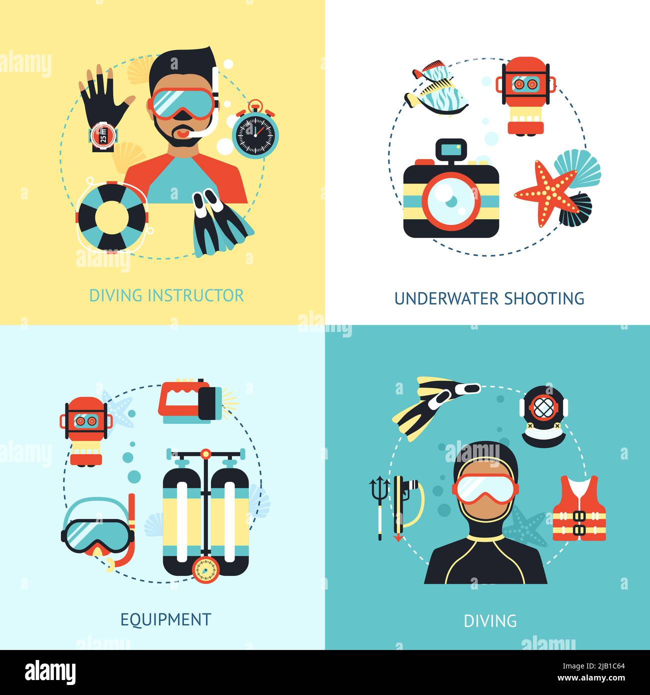 Diving design concept set with instructor euipment underwater shooting ...