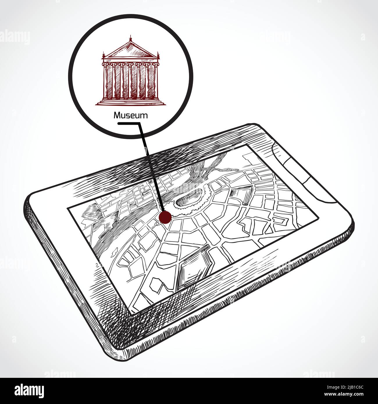 Sketch draw tablet pc with navigation map and find museum building ...