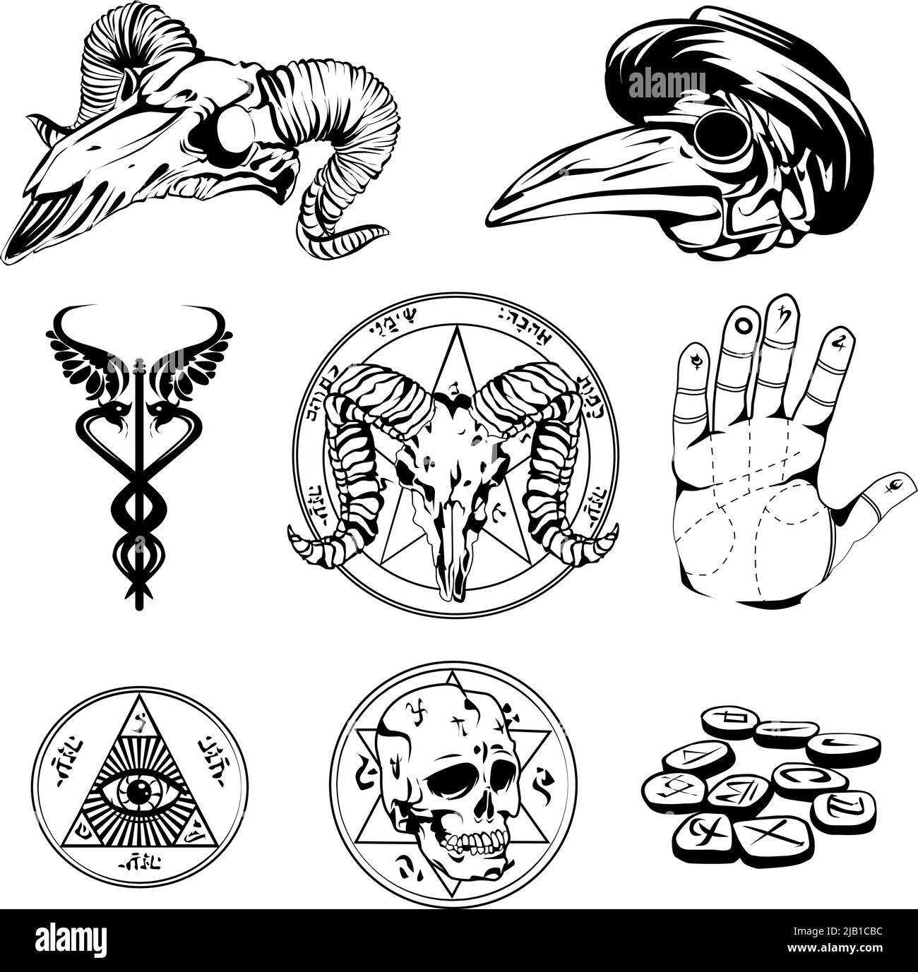 Set of esoteric symbols and occult attributes in sketch design with ...