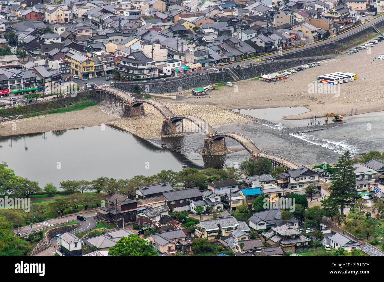 Top view of Kintai Bridge (Kintaikyo), a historical wooden arch bridge ...