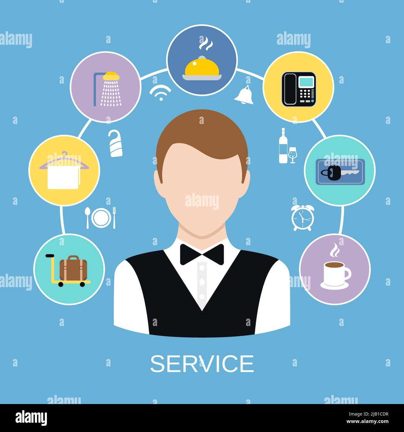 Bell boy with hotel accommodation room service icons set vector ...