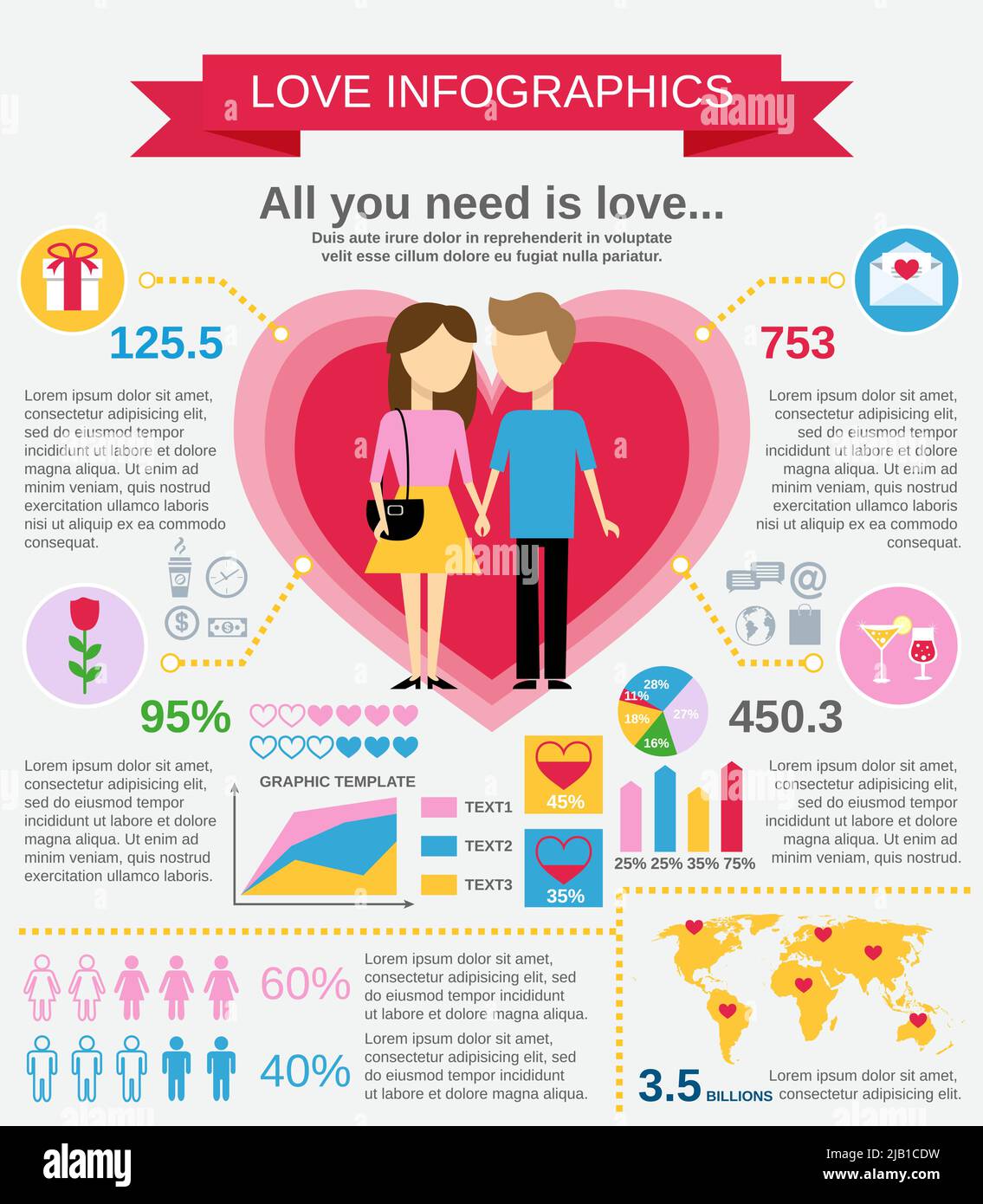 Love Marriage Couple Infographic Set With Charts And World Map Vector