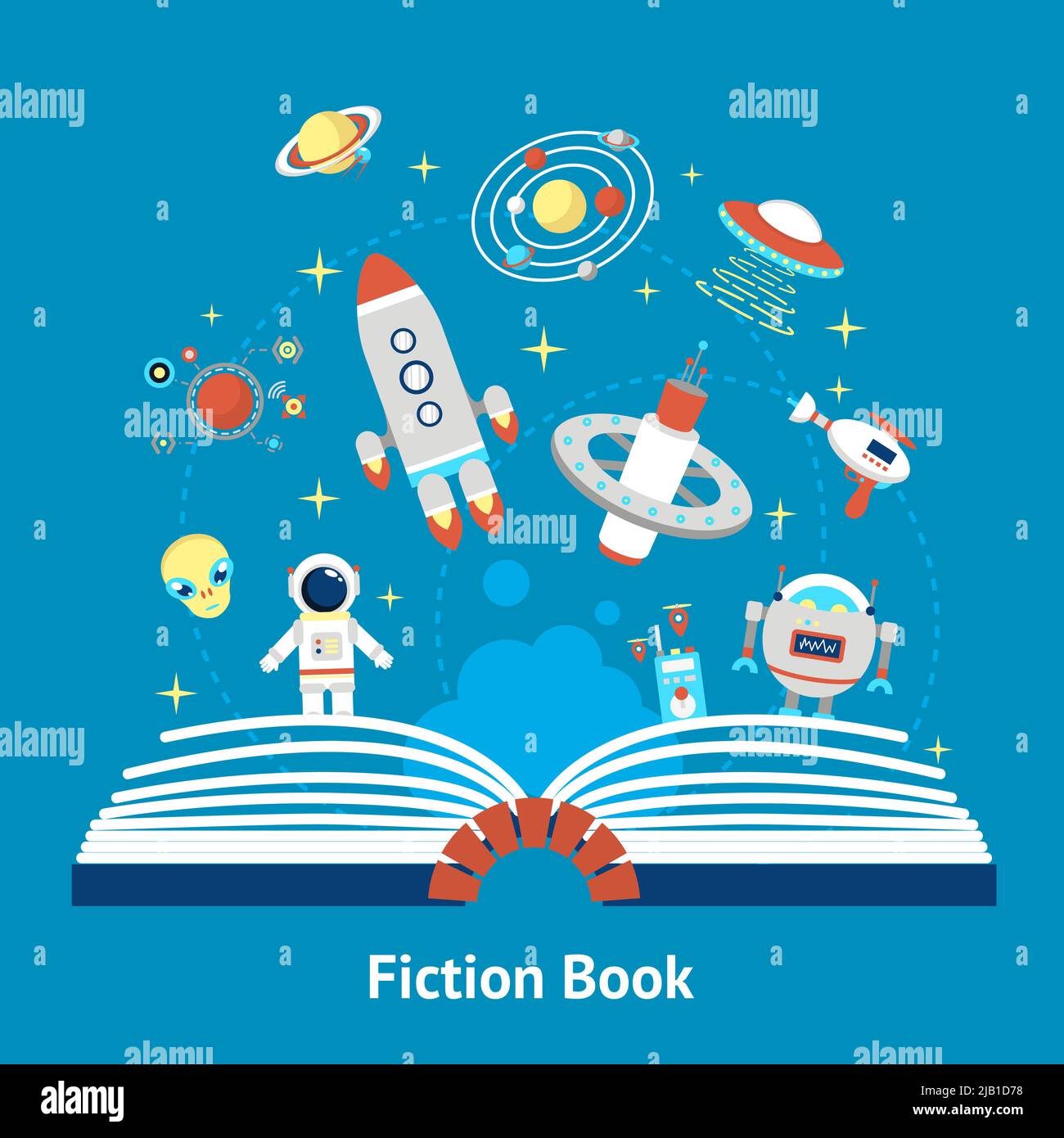 Open fiction book concept with future space mysterious symbols vector ...