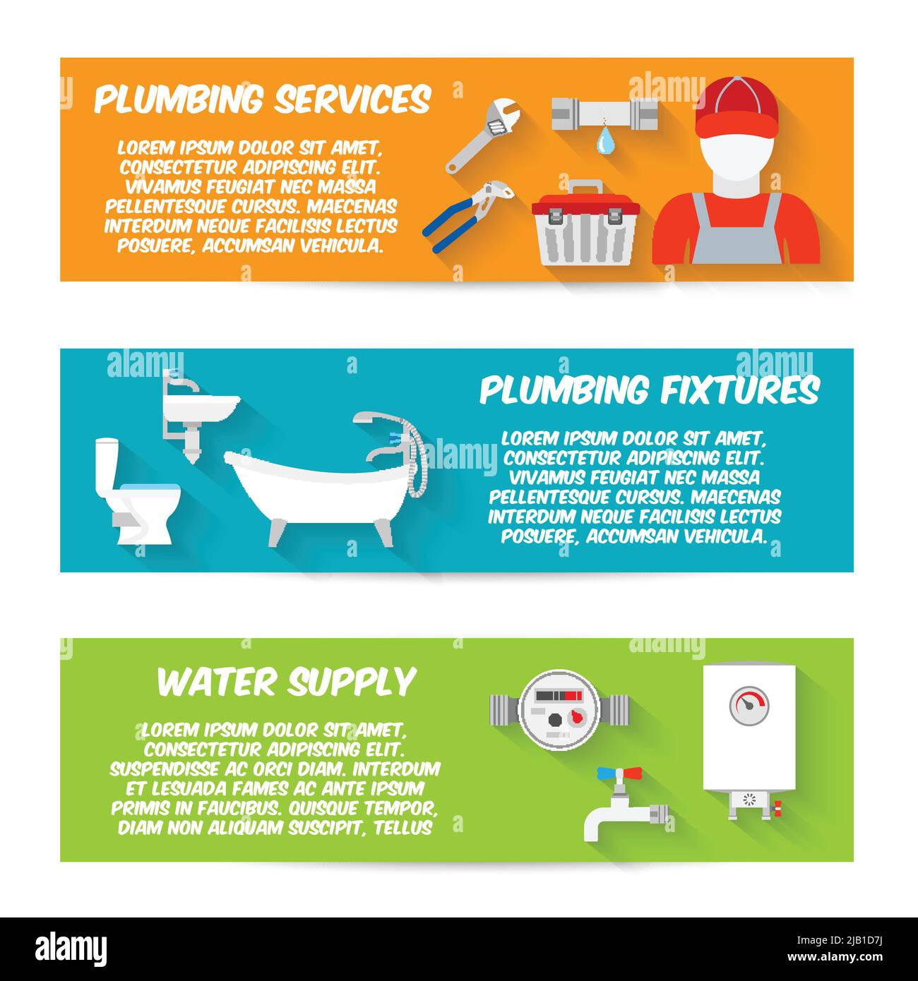 Plumbing service fixtures water supply icons horizontal banners set ...