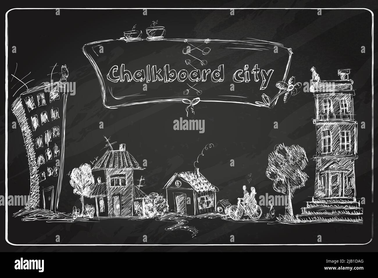 Chalkboard city doodle poster with modern and old urban buildings in ...
