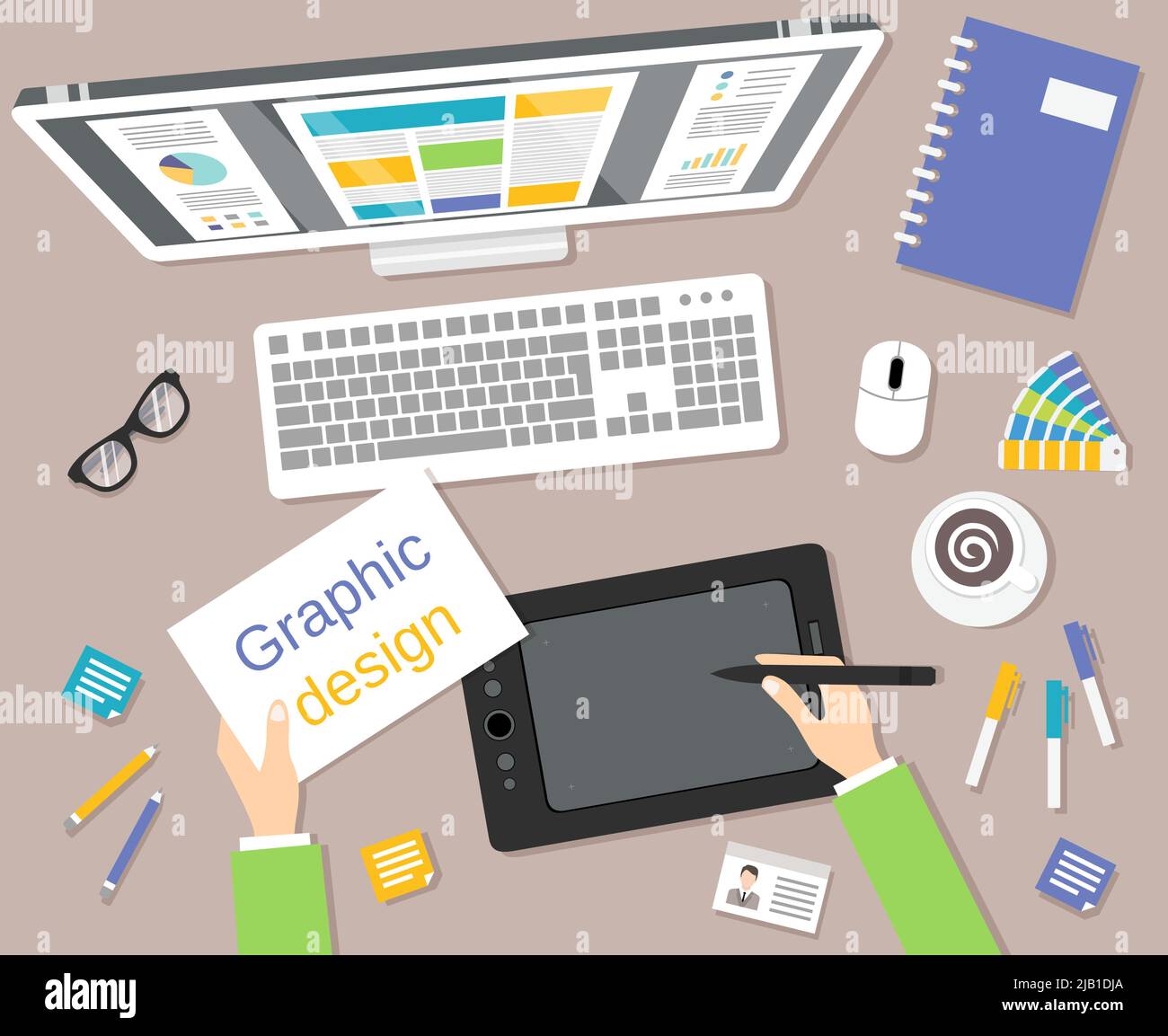 Graphic designer studio tools workplace top view with monitor and ...