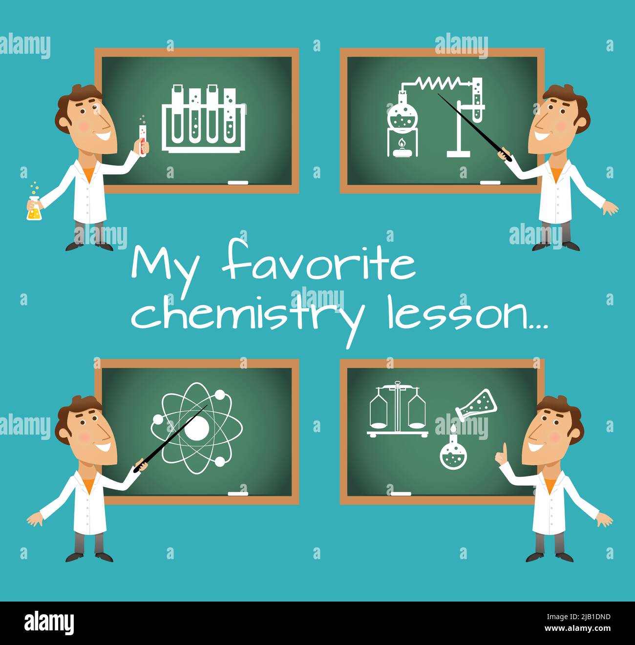 Scientists in chemistry science lesson with chalkboard set vector ...