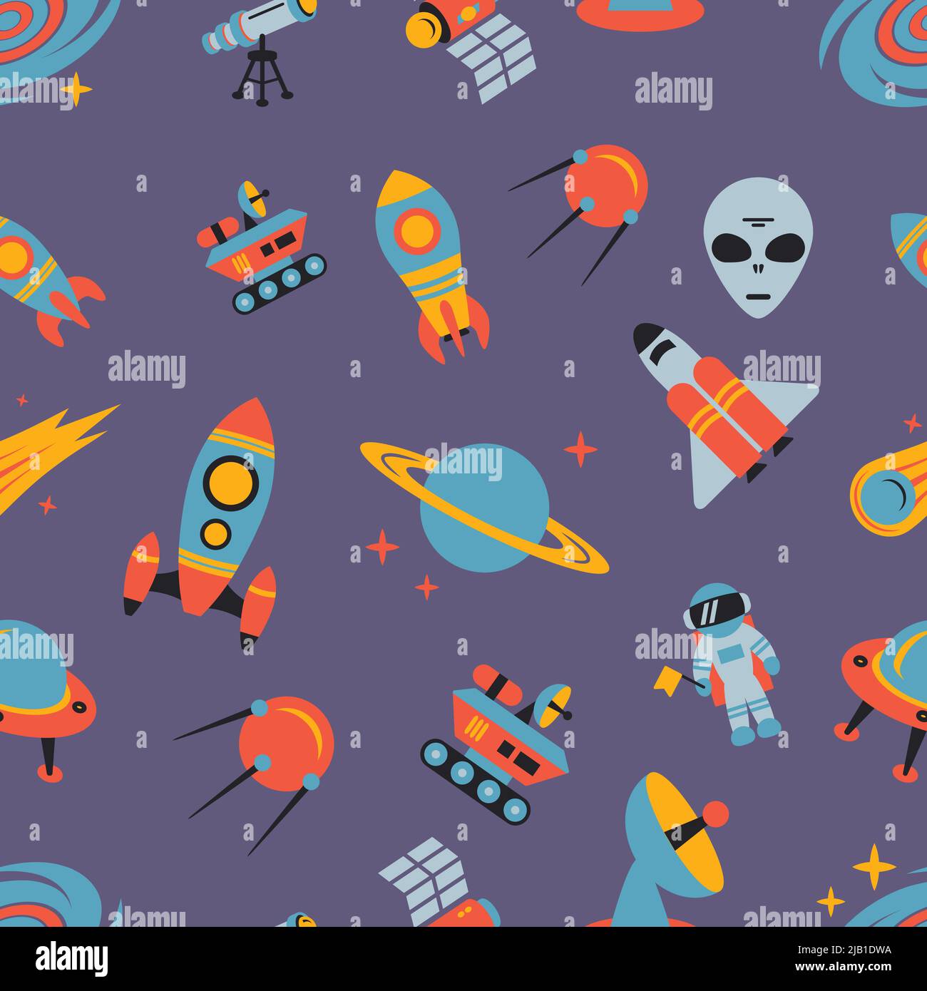 Space and astronomy seamless pattern with flying saucer spacecraft ...