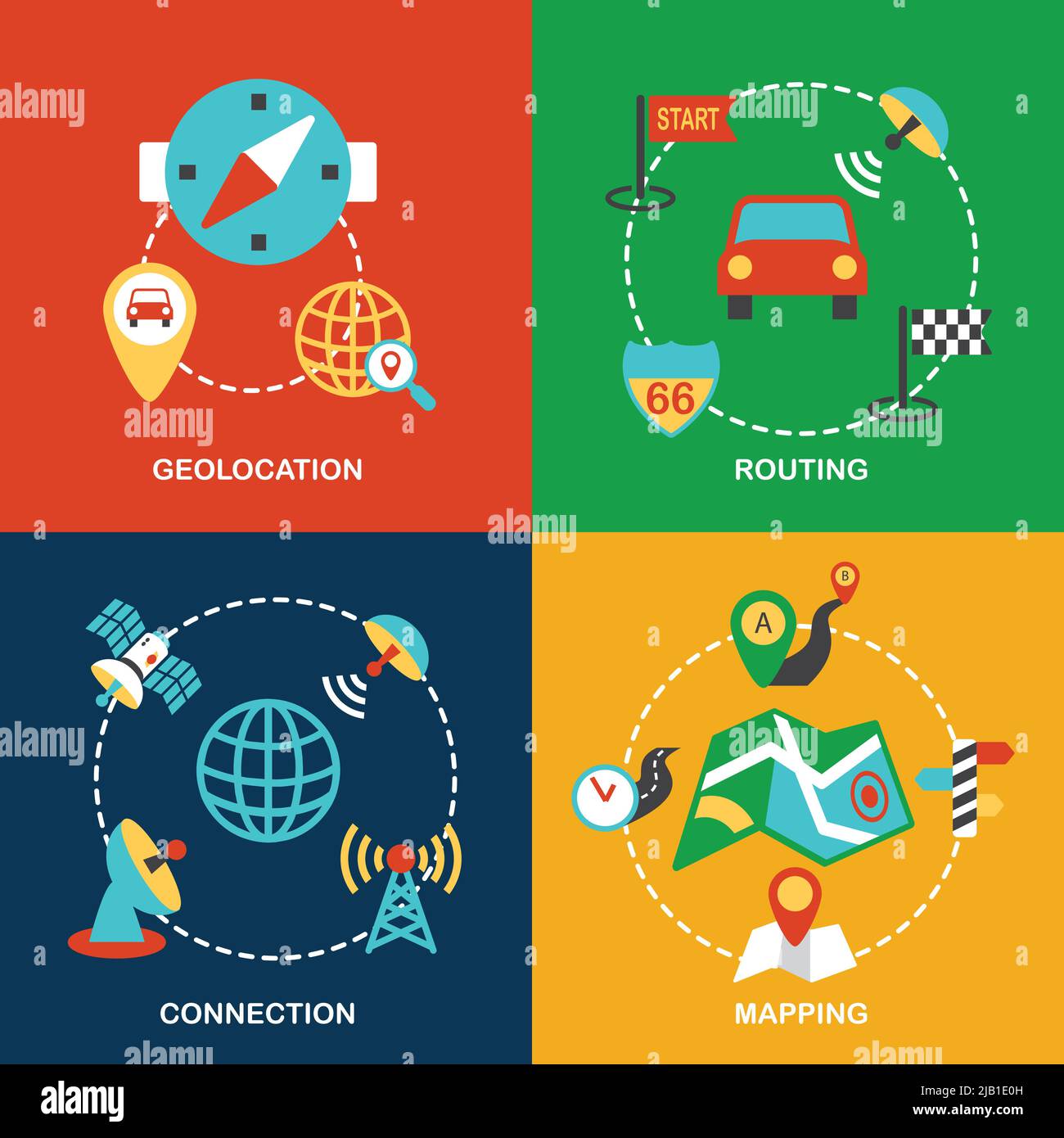 Mobile navigation geolocation routing mapping and connection flat icons ...