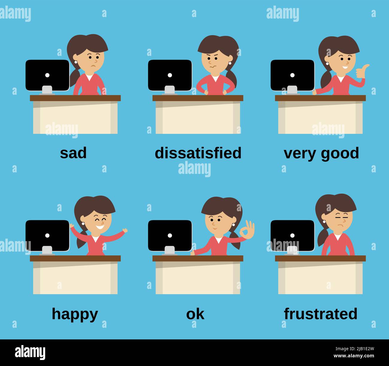 Businesswoman at office desk cartoon character working emotions set ...