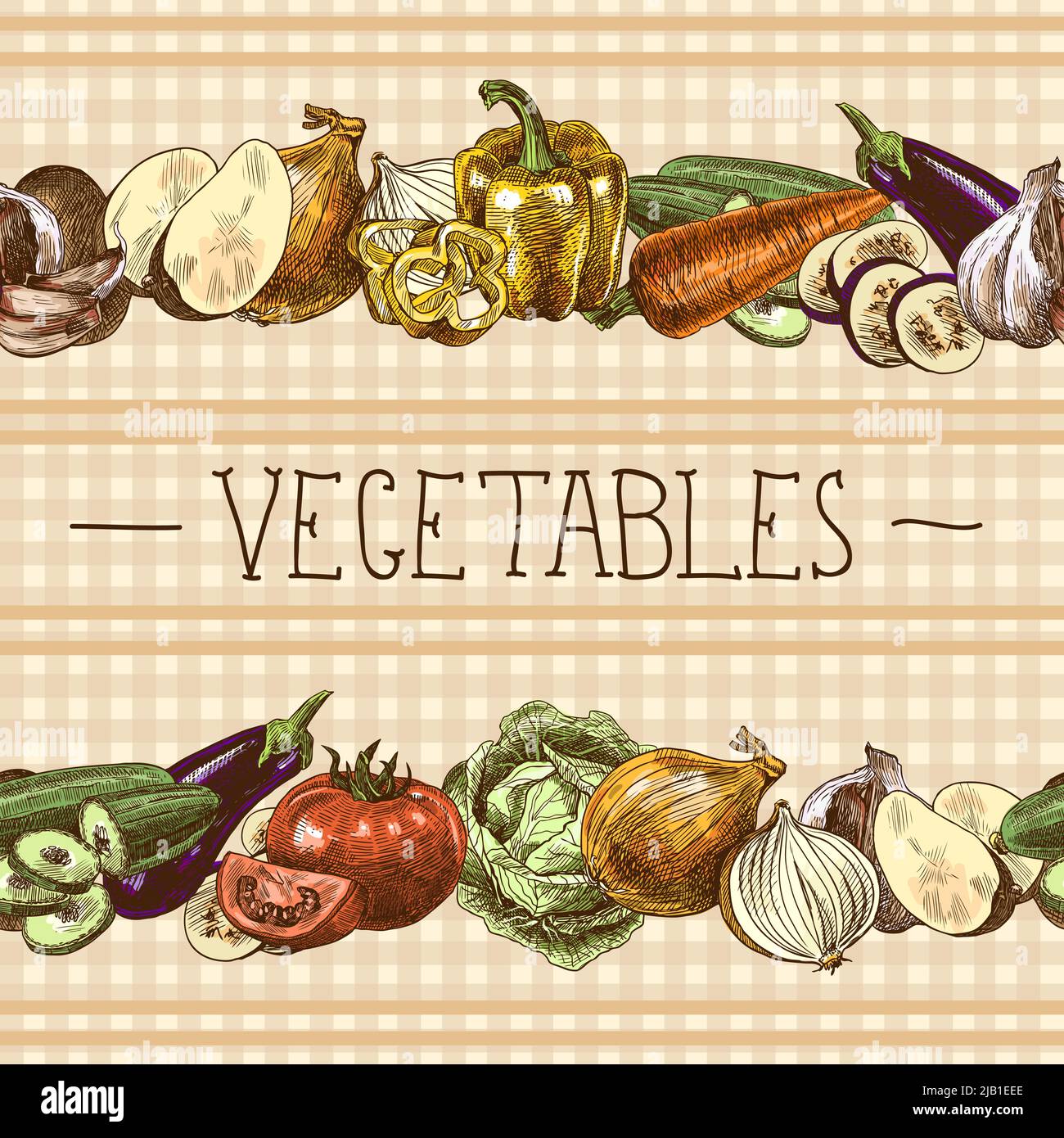 Food vegetables sketch seamless pattern with onion tomato eggplant ...
