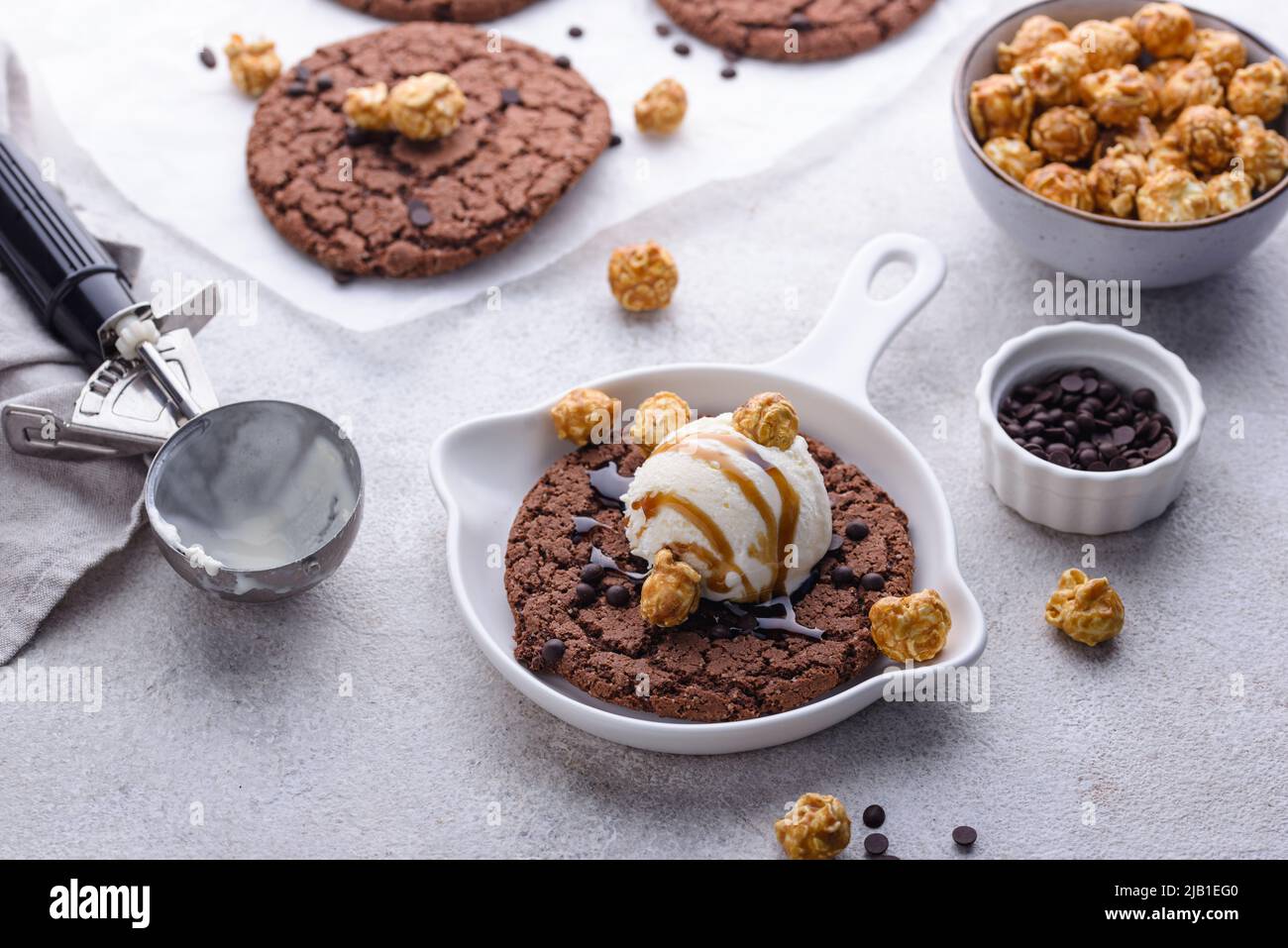 Giant chocolate skillet cookies with ice cream Stock Photo - Alamy