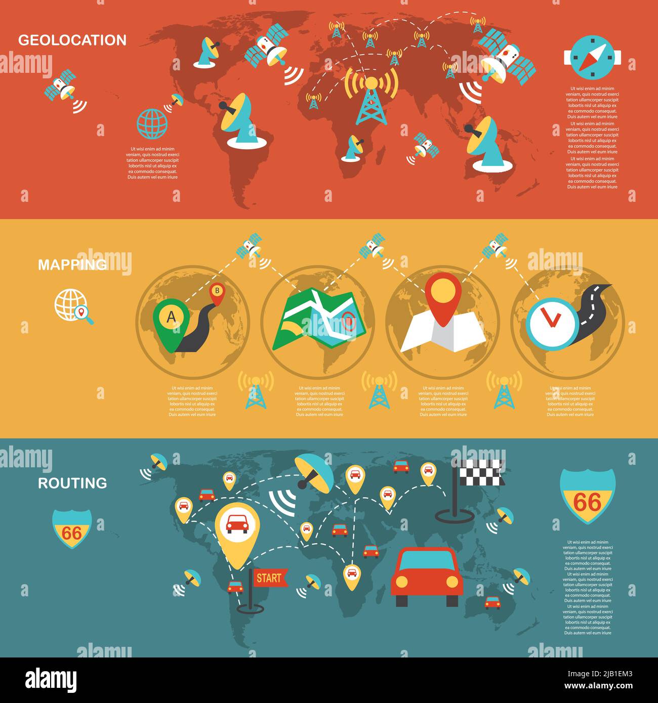 Mobile navigation geolocation routing mapping flat banners set isolated ...