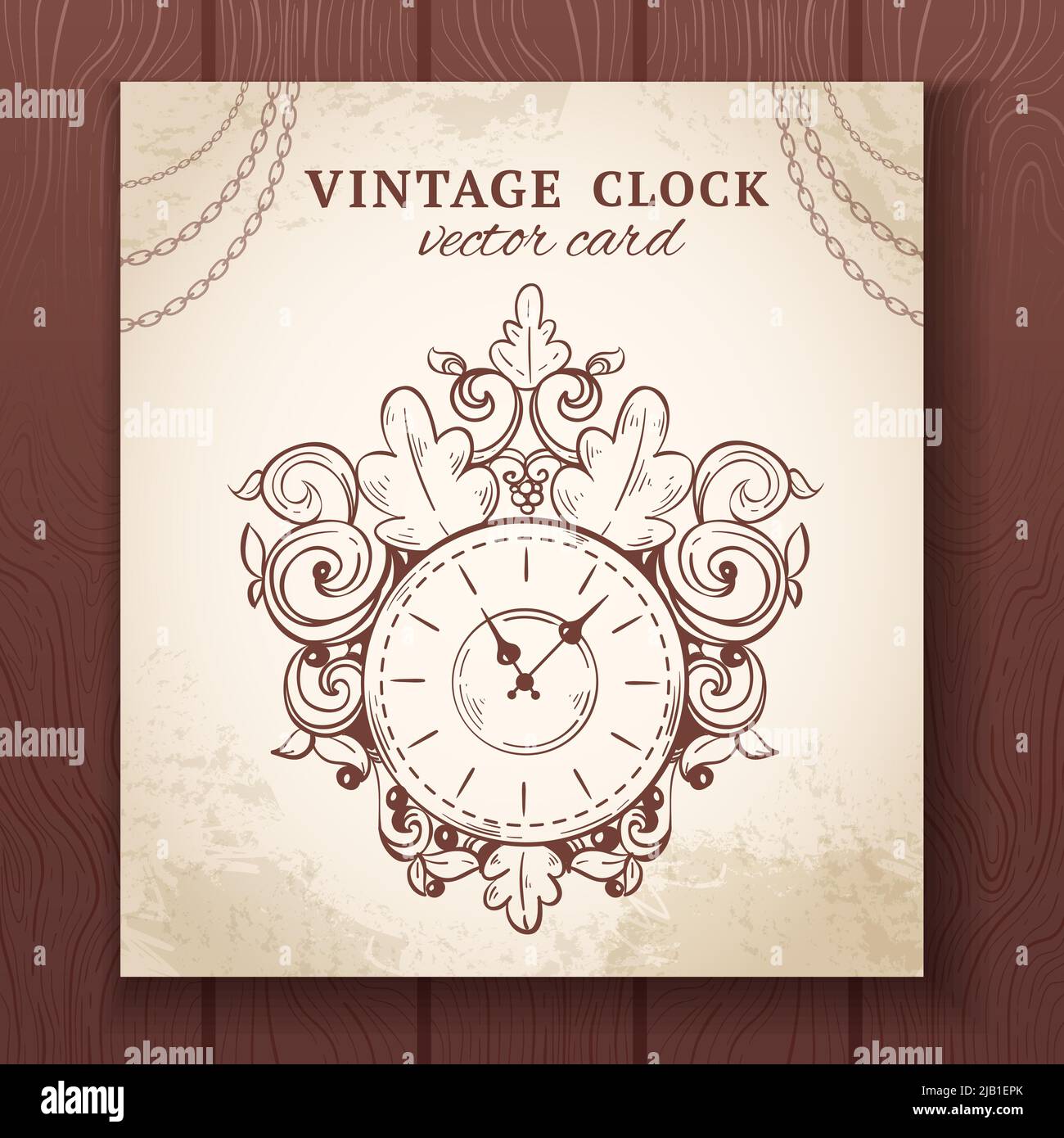 Old vintage retro sketch wall clock with decoration paper card vector ...
