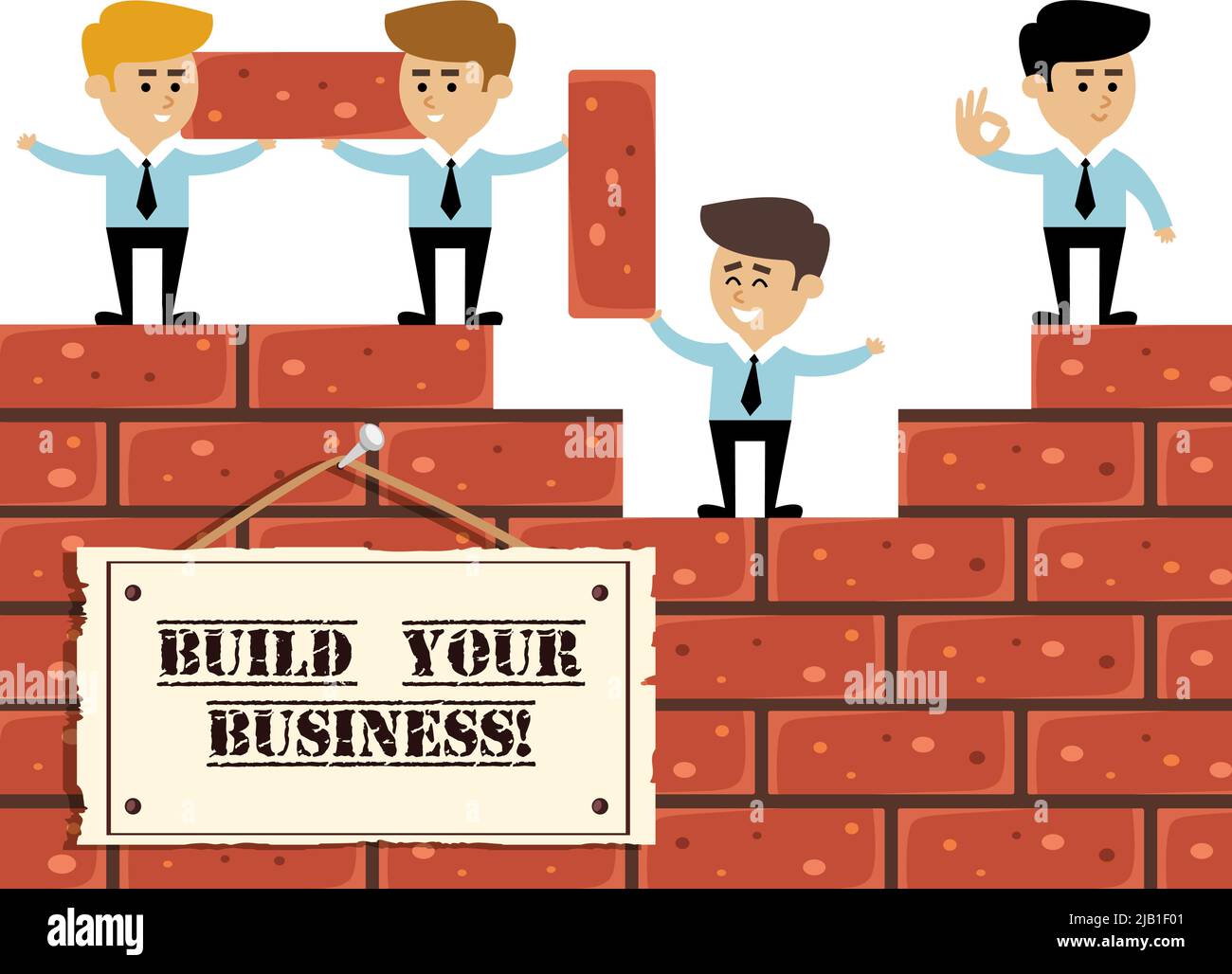 Build business concept with businessmen on brick wall construction ...