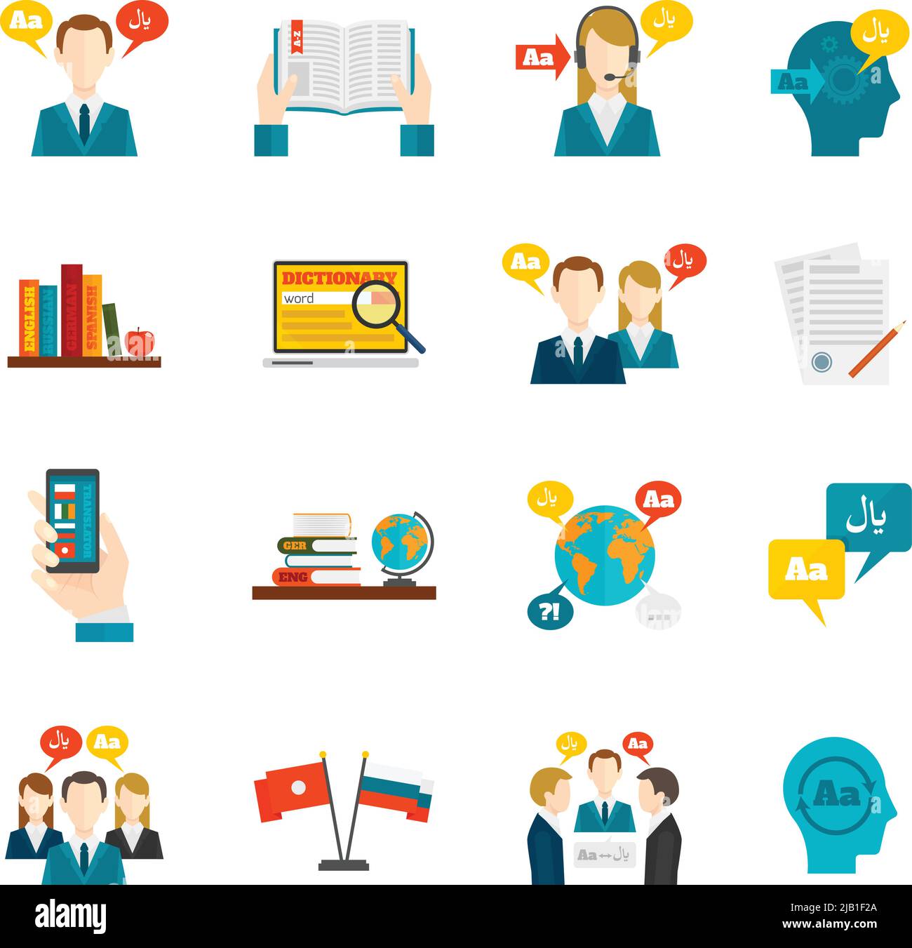 Translation foreign communication and dictionary flat icons set ...
