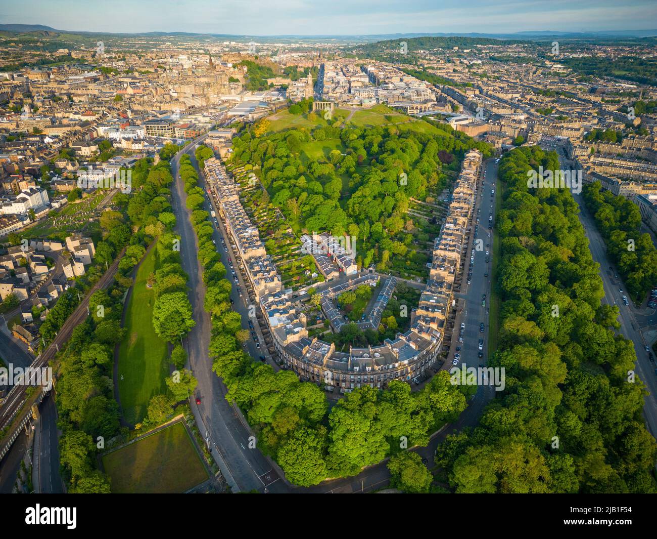 Aerial view of Edinburgh from Regent Terrace and Royal Terrace towards ...